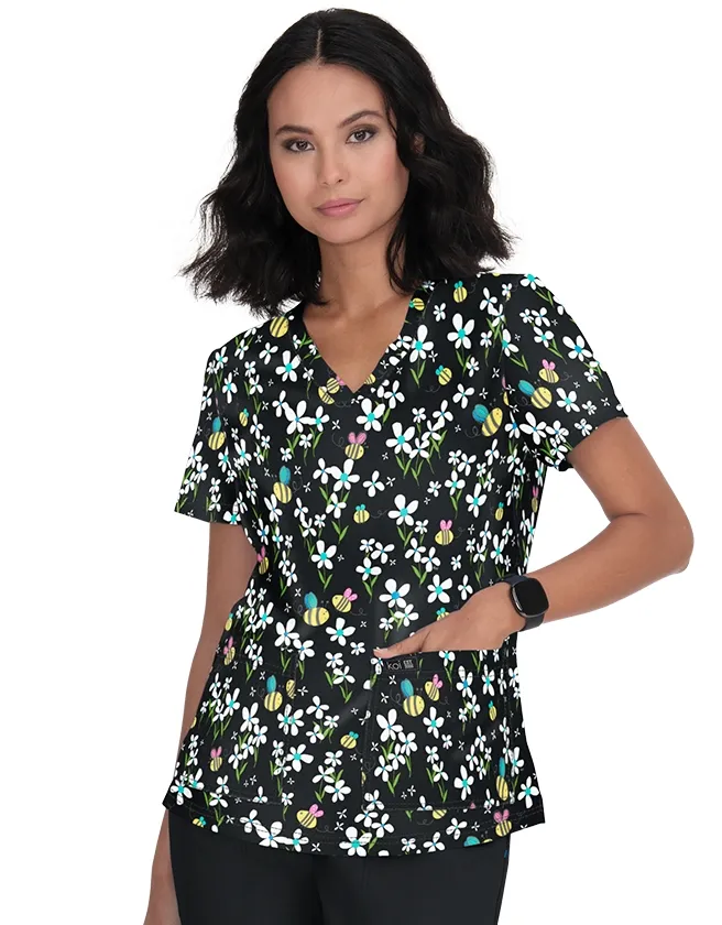 Koi - Women's Print Scrub Top - Busy Bee